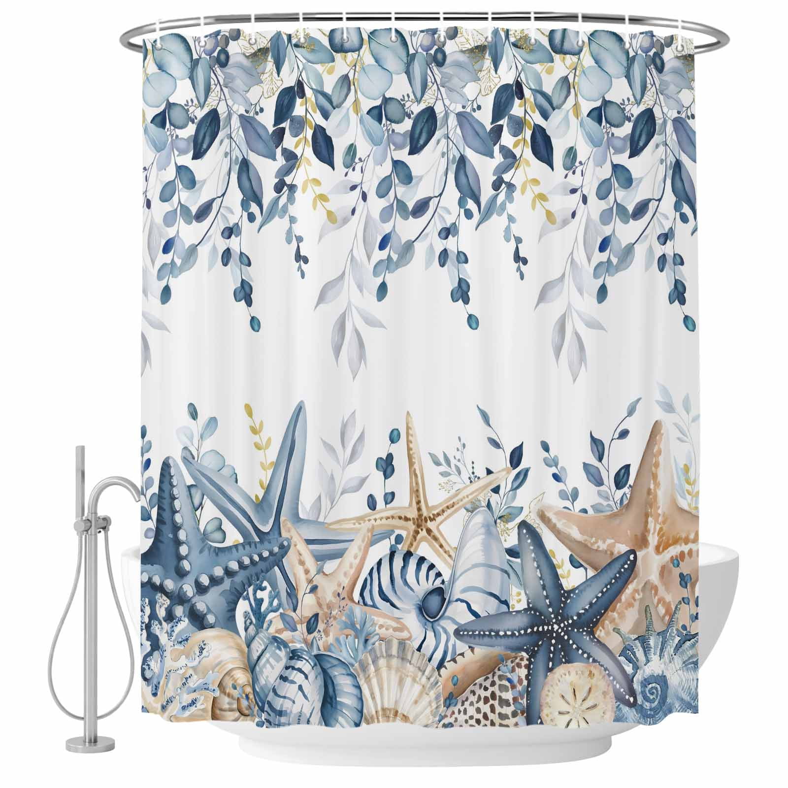 Blue Eucalyptus Coastal Shower Curtain, Beach Starfish Shell Nautical ...