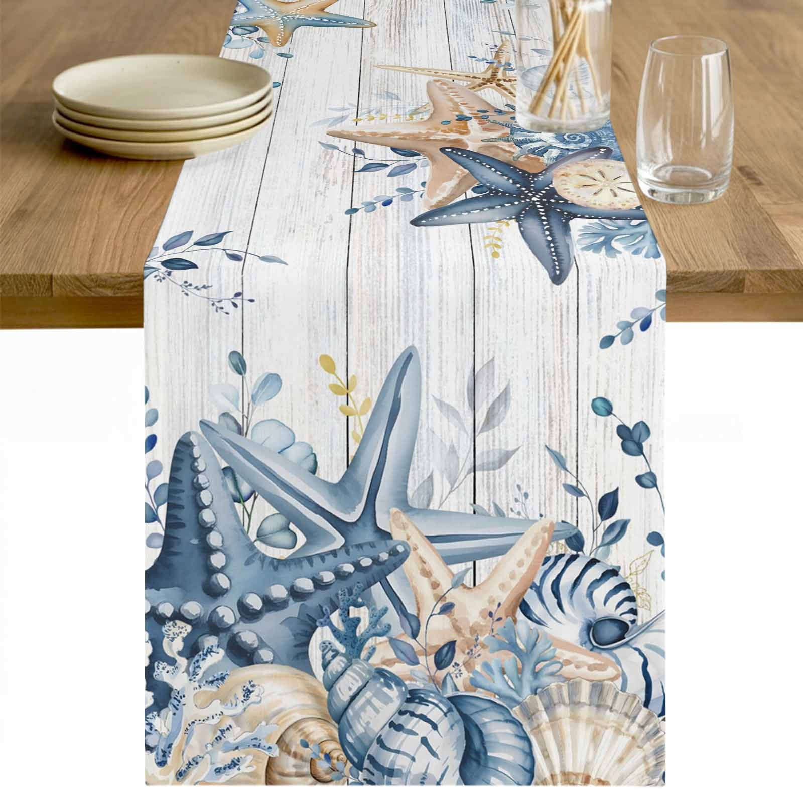 Blue Eucalyptus Coastal Table Runner - 120 Inch Long Beach Starfish ...