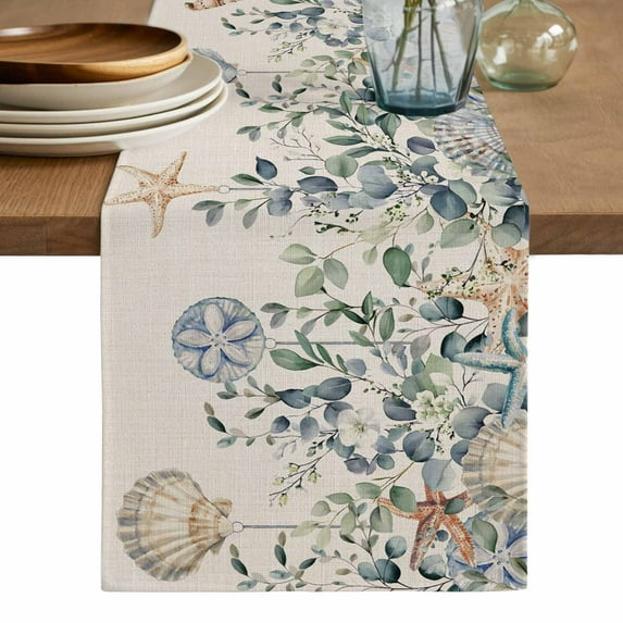 Blue Eucalyptus Coastal Table Runner, Starfish Shell Summer Washable ...