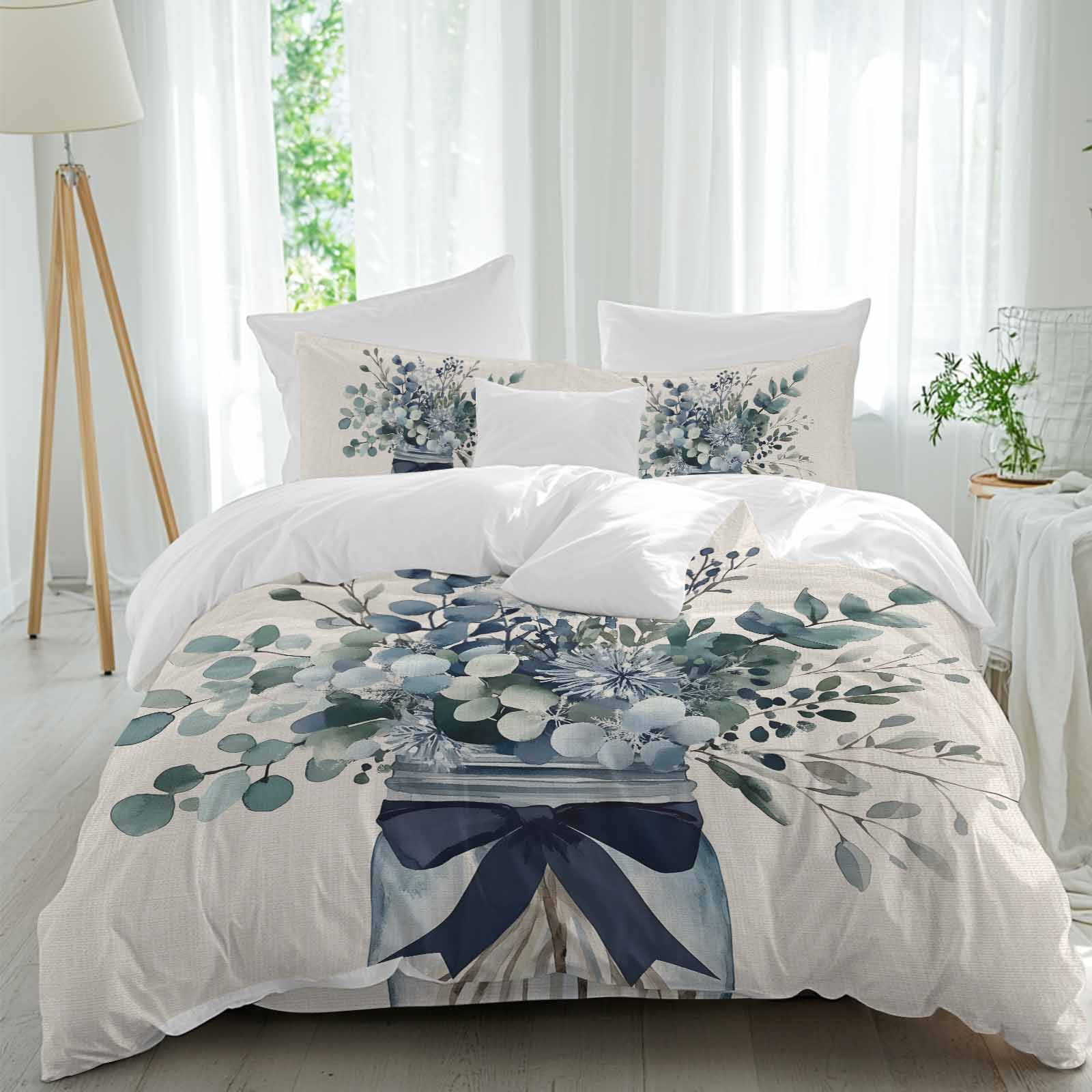Blue Eucalyptus Comforter Set California King Size, Leaves Bottle ...