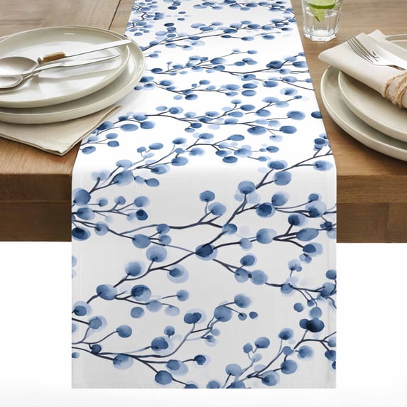 Blue Eucalyptus Cotton Linen Table Runner Spring Botanical Branch Leaf ...