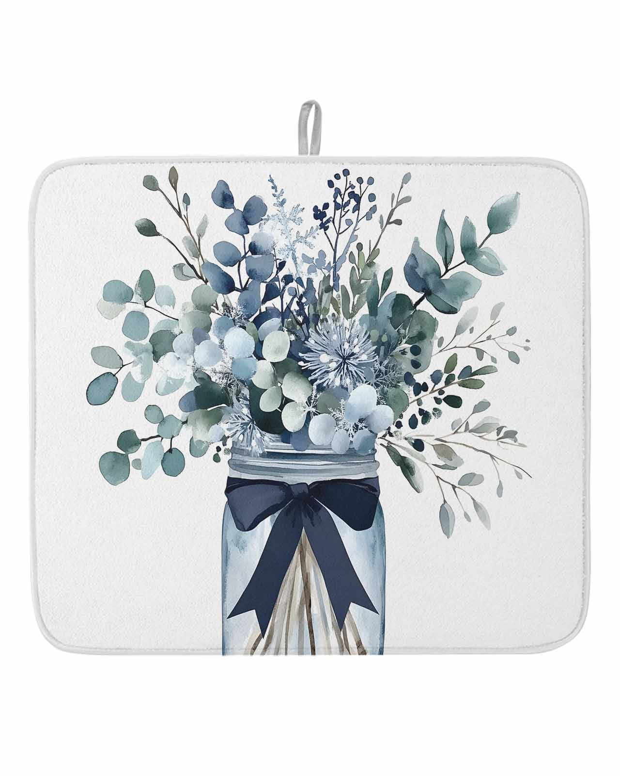 Blue Eucalyptus Dish Drying Mat 16x18 inch Leaves Bottle Ribbon ...