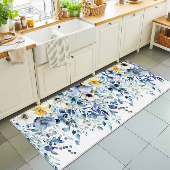 Blue Eucalyptus Farm Blossom Rectangle Rug 2'x6' Pastoral Foliage ...