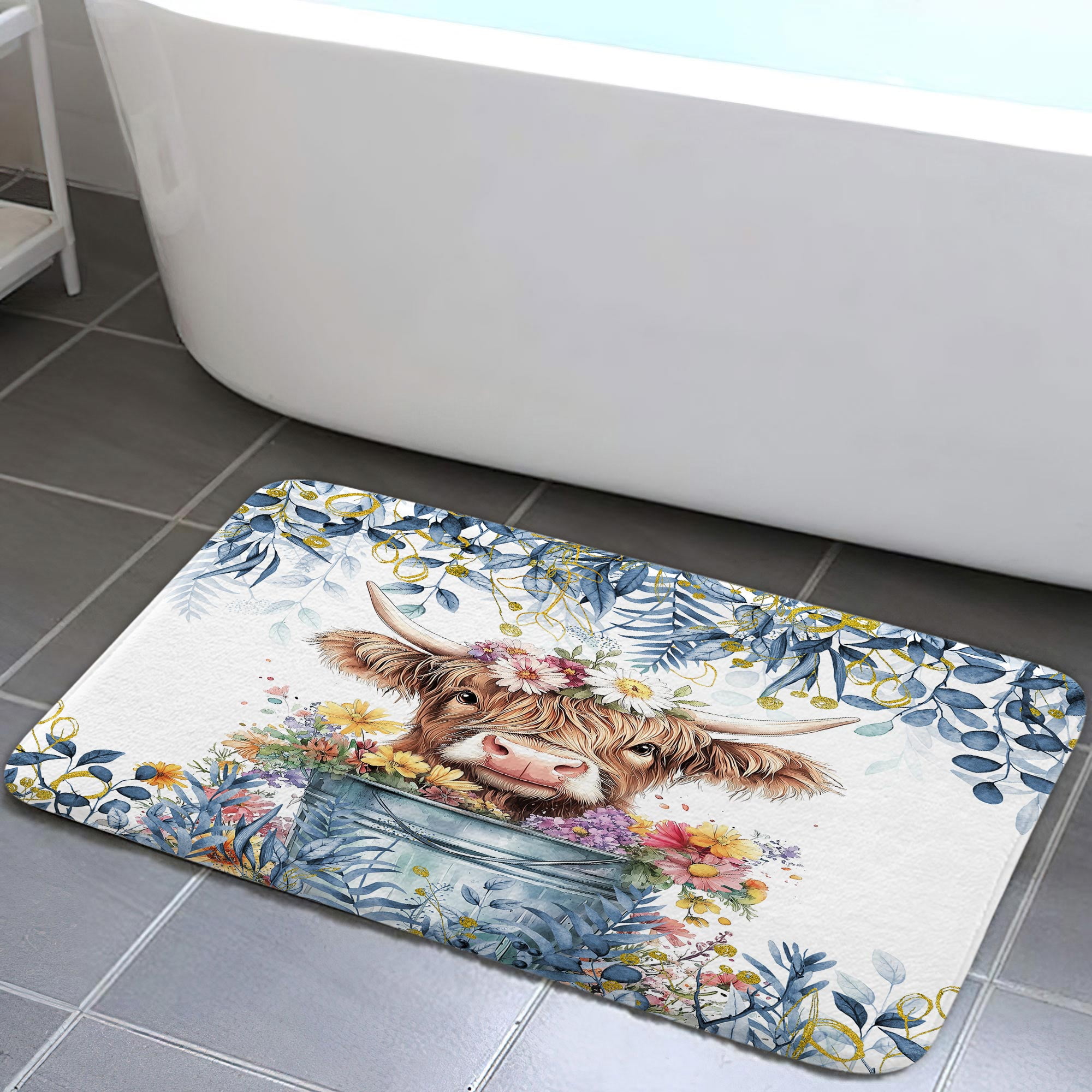 Blue Eucalyptus Highland Cow Bath Rugs, Watercolor Plant Leaves Teal ...