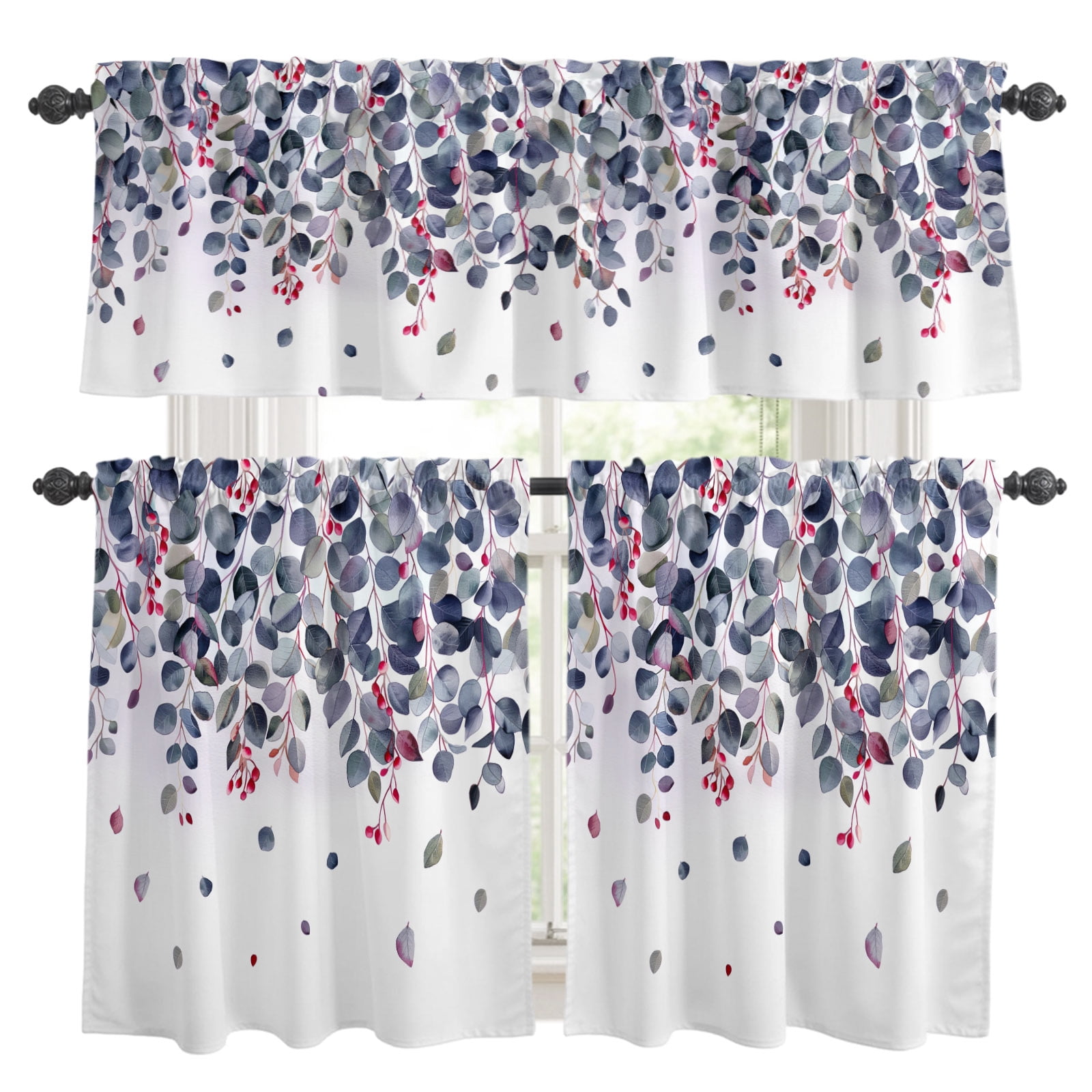 Blue Eucalyptus Kitchen Curtains Valance and Tier Set Leaves and Fruit ...