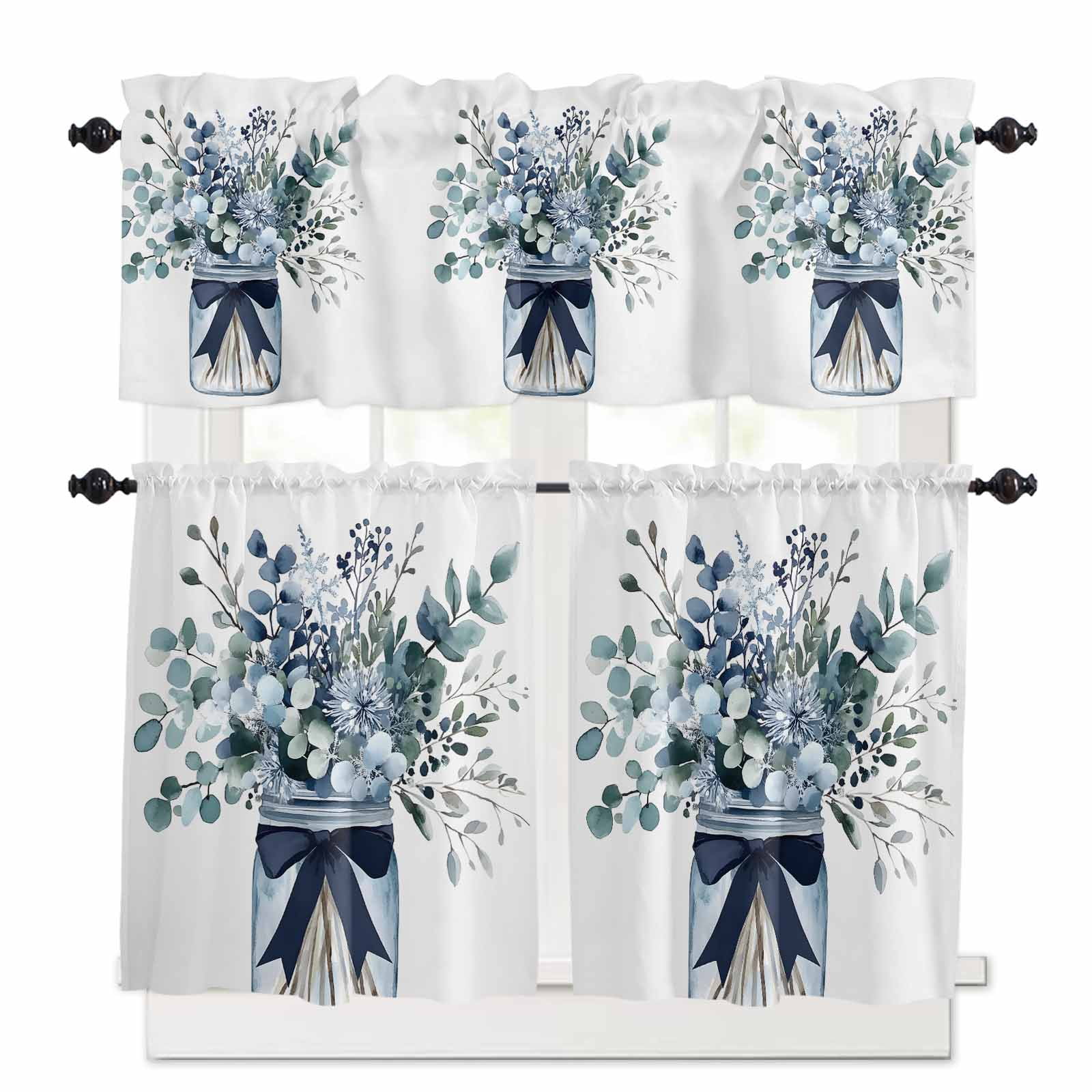Blue Eucalyptus Kitchen Curtains and Valances Set, Leaves Bottle Ribbon ...