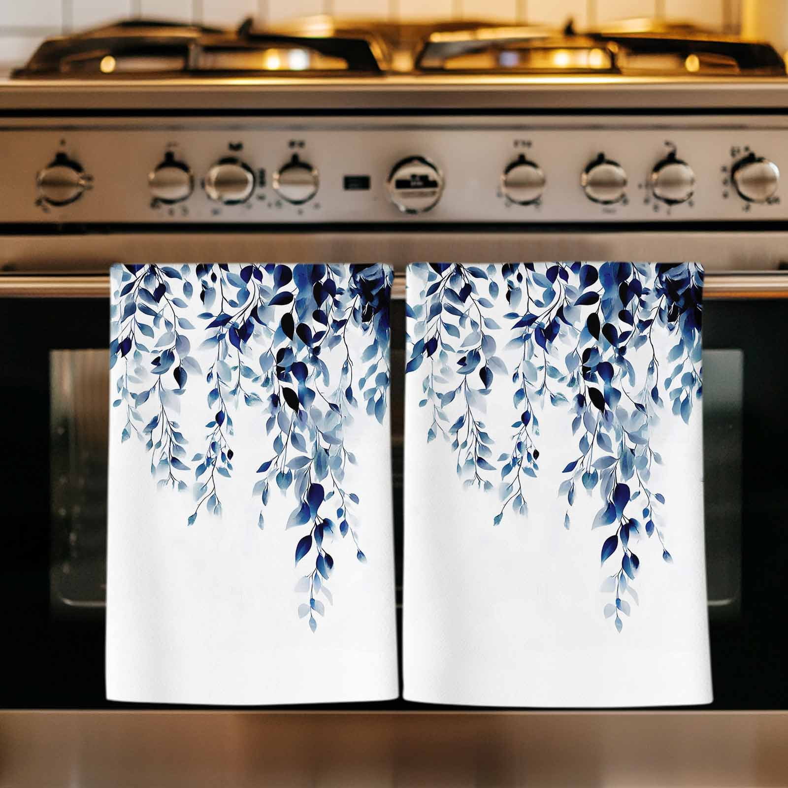 Blue Eucalyptus Kitchen Towels Set of 4, Weeping Botanical Leaf ...