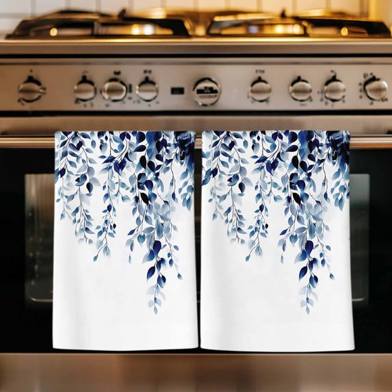 Blue Eucalyptus Kitchen Towels Set of 4, Weeping Botanical Leaf ...