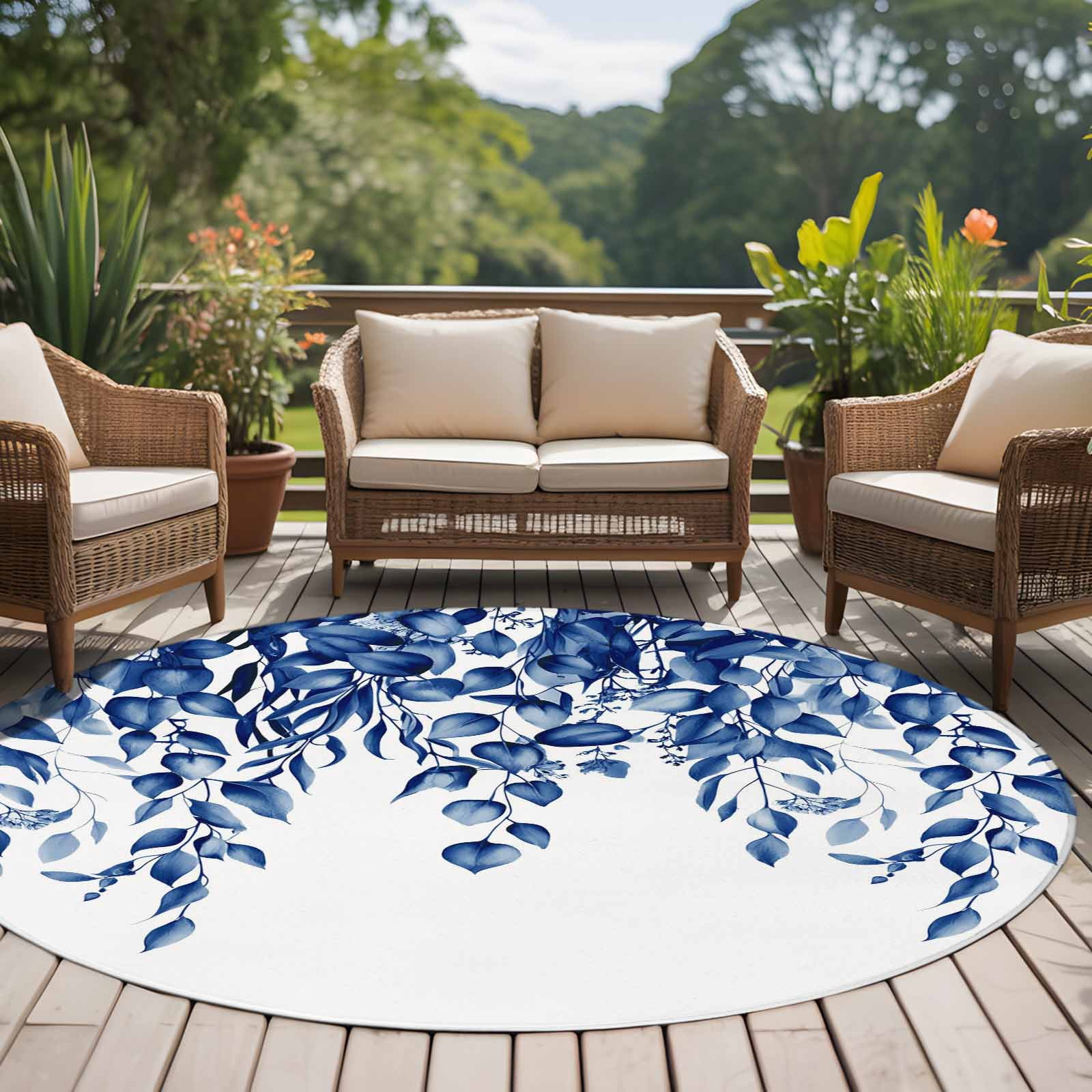 Blue Eucalyptus Leaf 8ft Round Rug for Open Concept Living Room Seating ...