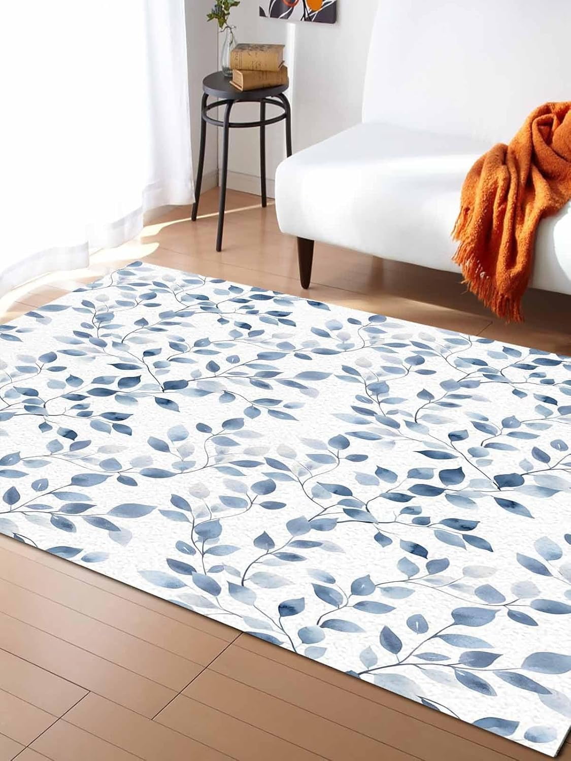 Blue Eucalyptus Leaf Area Rugs Indoor Non-Slip Washable Rug Watercolor ...