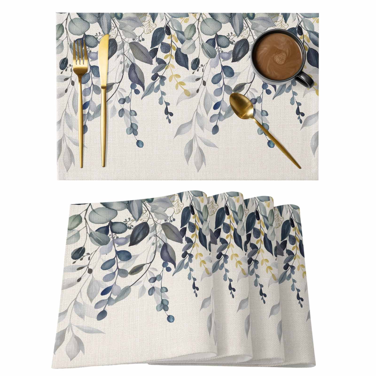 Blue Eucalyptus Leaf Cotton Linen Placemats Set of 8, Spring Country ...