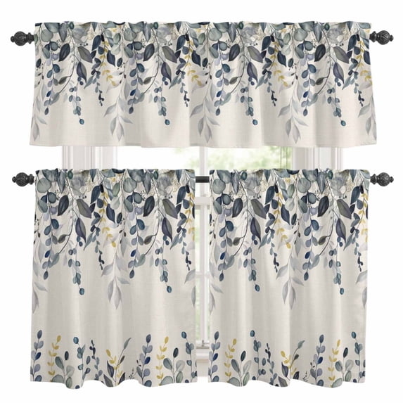 Blue Eucalyptus Leaf Kitchen Curtains Set for Windows, Spring Country ...