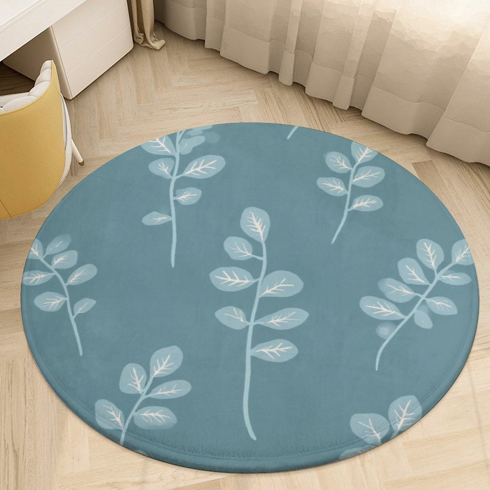 Blue Eucalyptus Leaf Pattern Round Area Rugs for Bedroom Living Room ...