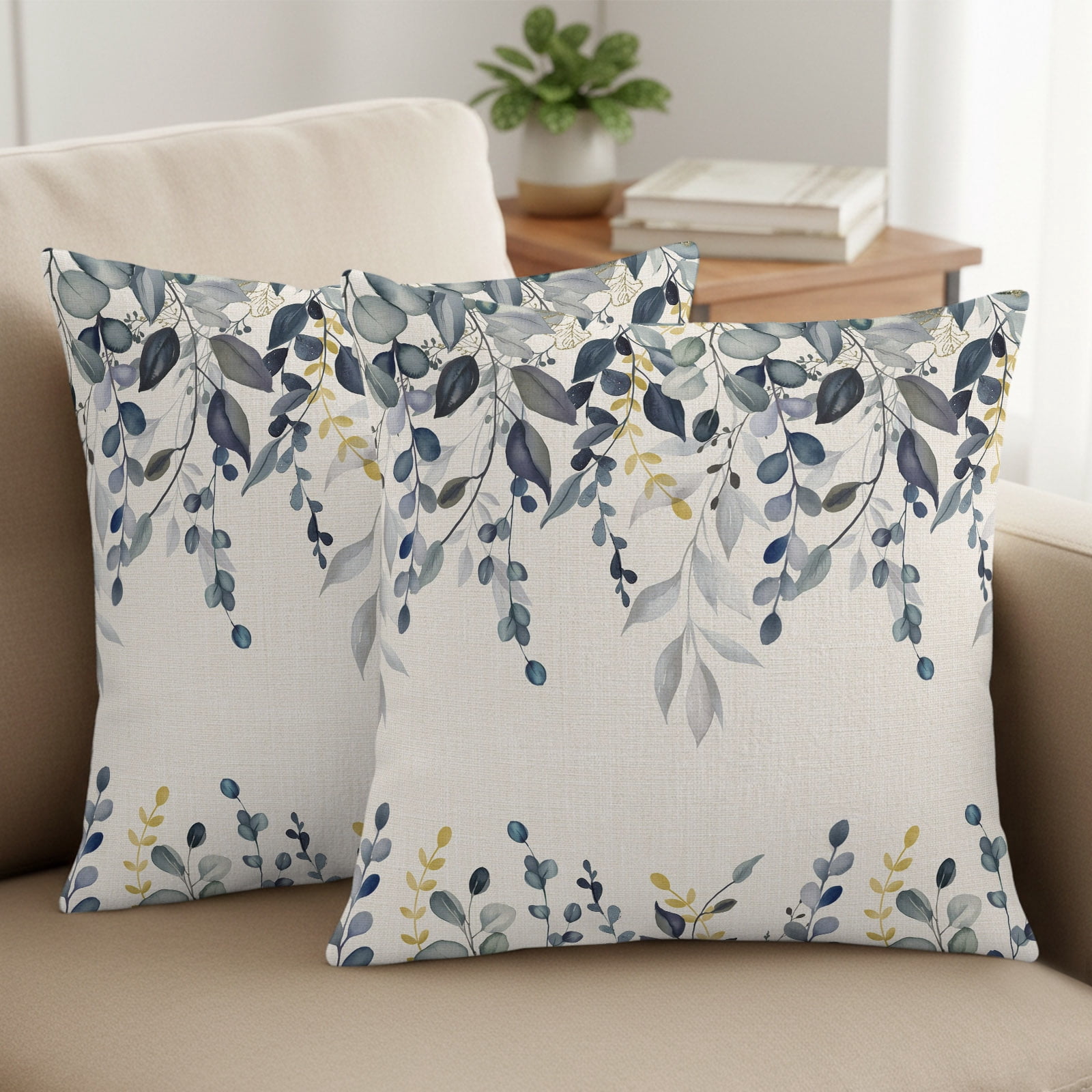 Blue Eucalyptus Leaf Pillow Covers Set of 2, Spring Country Farmhouse ...