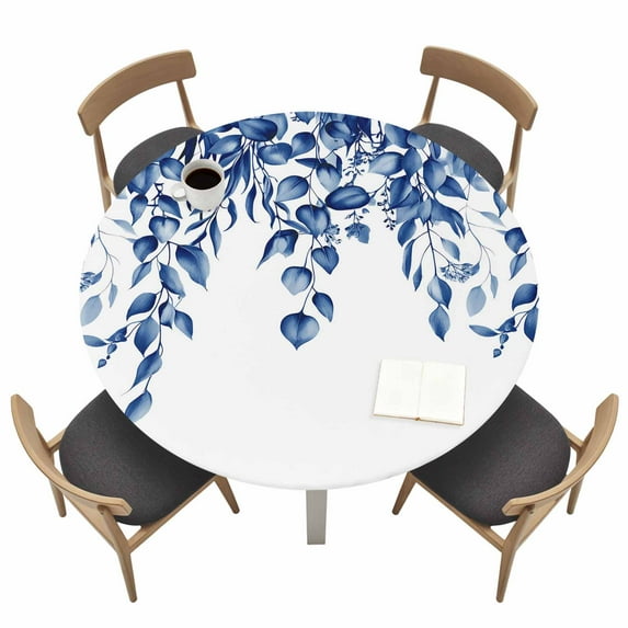 Blue Eucalyptus Leaf Round Fitted Tablecloth with Elastic Edge Weeping ...