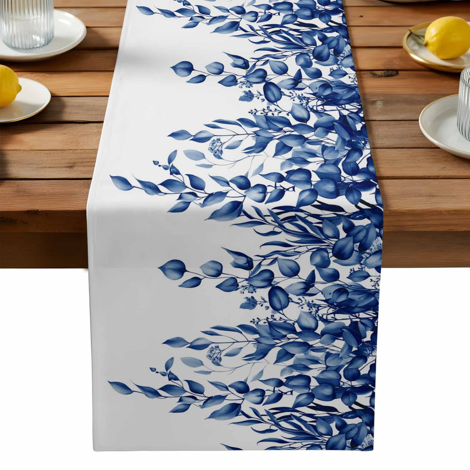 Blue Eucalyptus Leaf Table Runner, Weeping Botanical Watercolor Spring ...