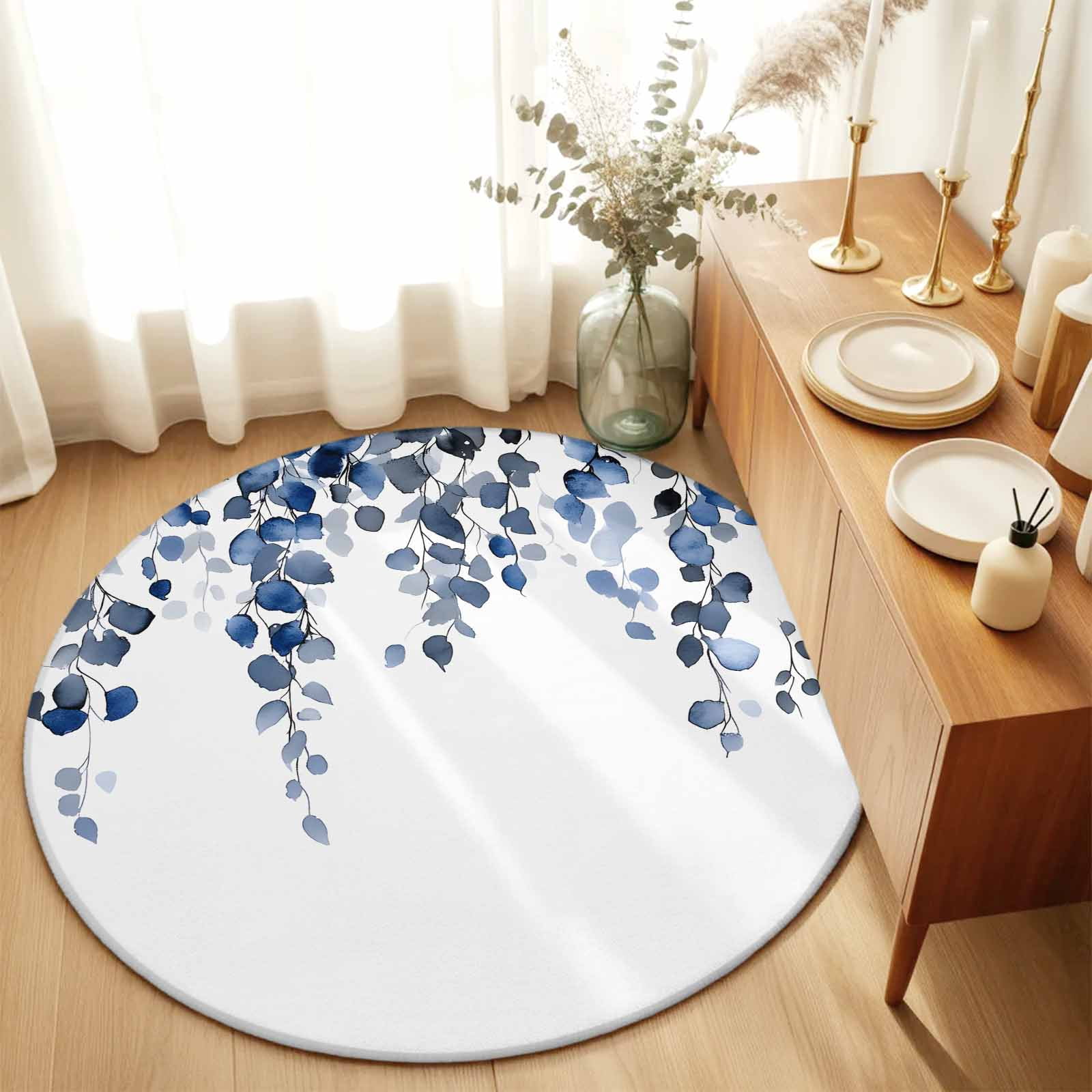 Blue Eucalyptus Leaf on White Round Rug 3ft Farm Fallen Leaves Washable ...