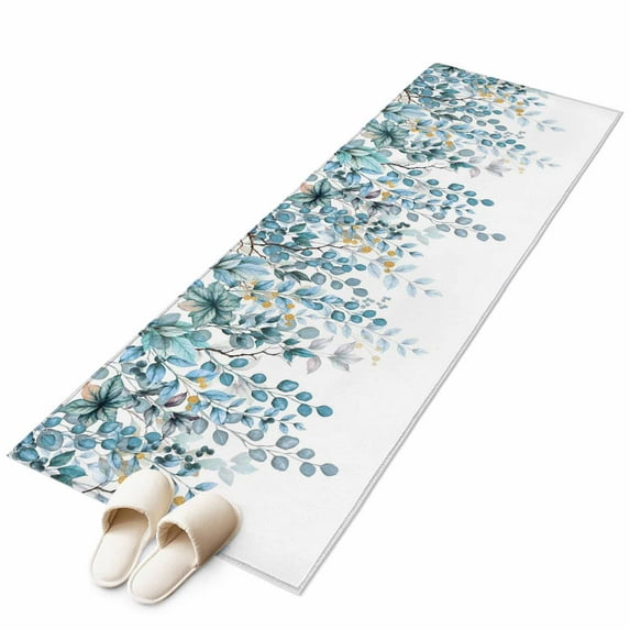 Blue Eucalyptus Leaves 2'x6' Runner Rug, Farmhouse Watercolor Floral ...