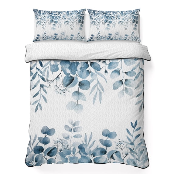 Blue Eucalyptus Leaves 3 Piece Quilt Bedding Set with 2 Pillow Shams ...