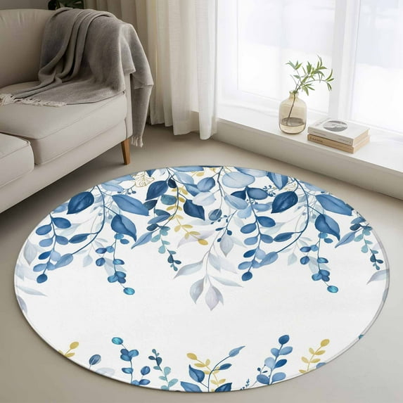 Blue Eucalyptus Leaves 3ft Round Rug, Farmhouse Botanical Watercolor ...