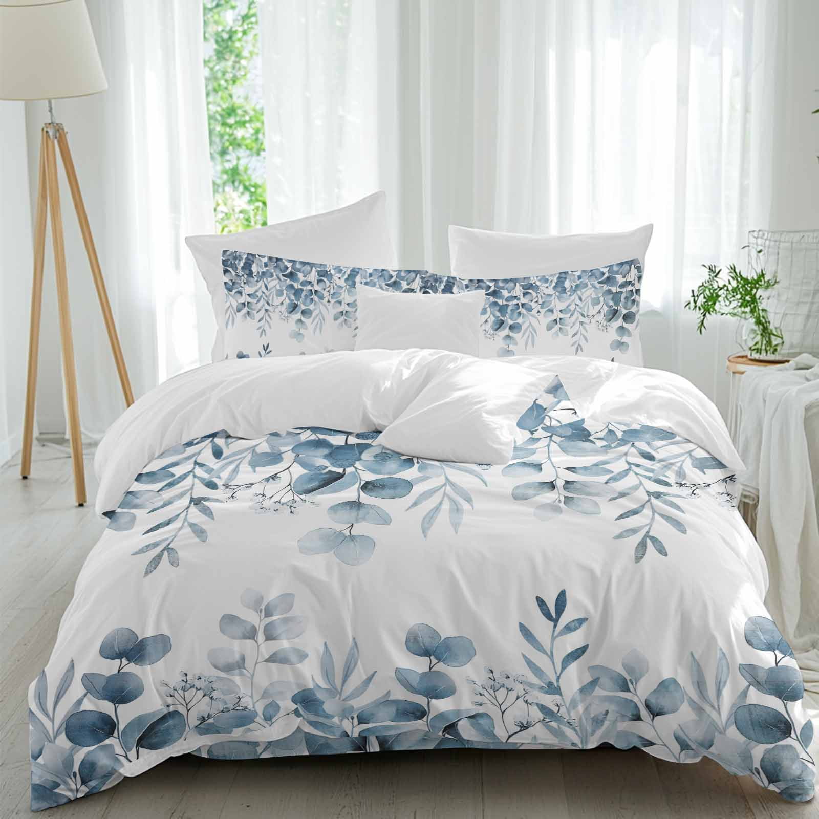 Blue Eucalyptus Leaves 4 Piece Duvet Cover Set Queen Size Spring Summer ...