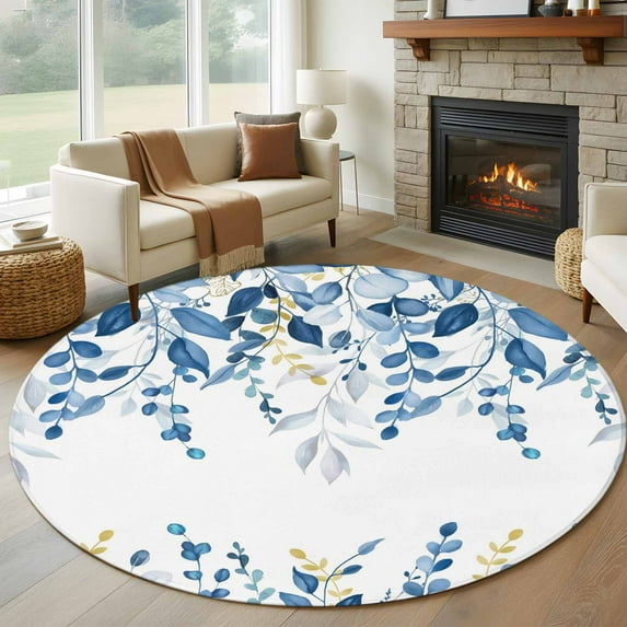 Blue Eucalyptus Leaves 7ft Round Rug, Farmhouse Botanical Watercolor ...