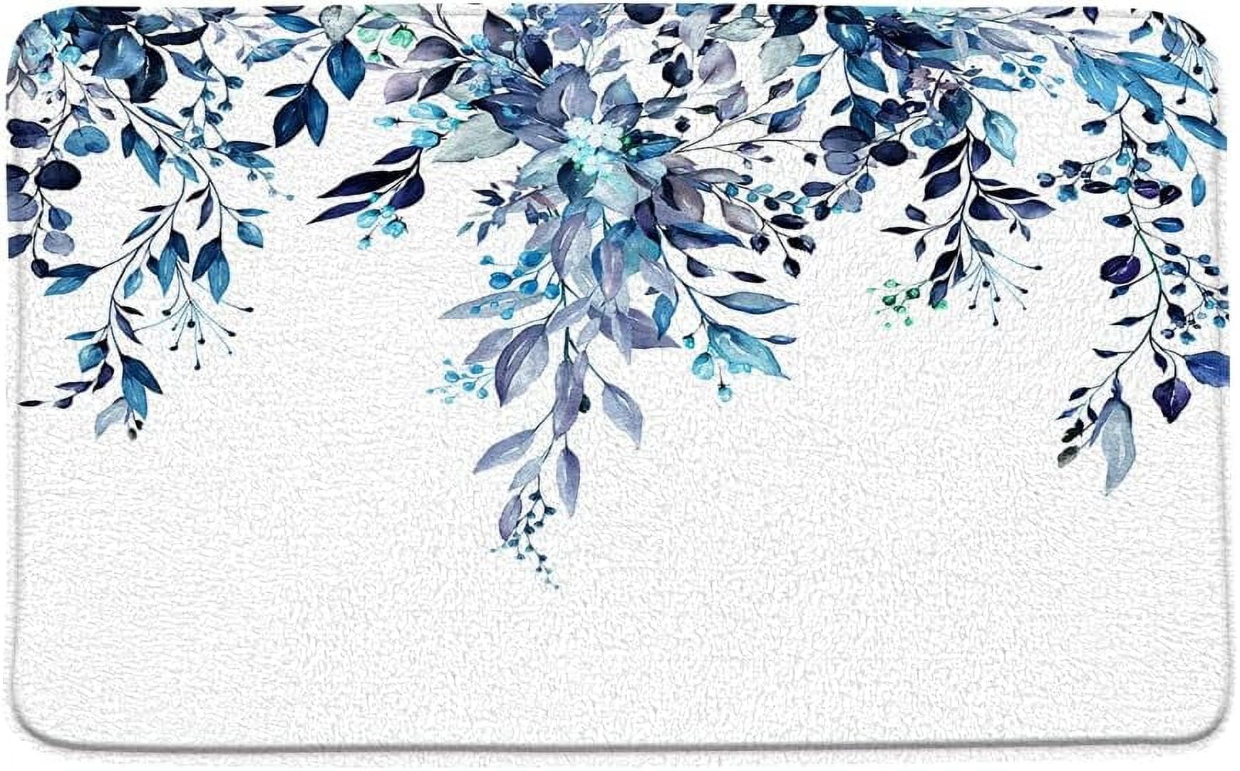 Blue Eucalyptus Leaves Bath Mat Watercolor Botanical with Flower Teal ...