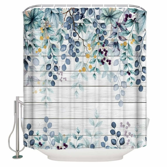 Blue Eucalyptus Leaves Bathroom Shower Curtains with 12 Hooks Polyester ...