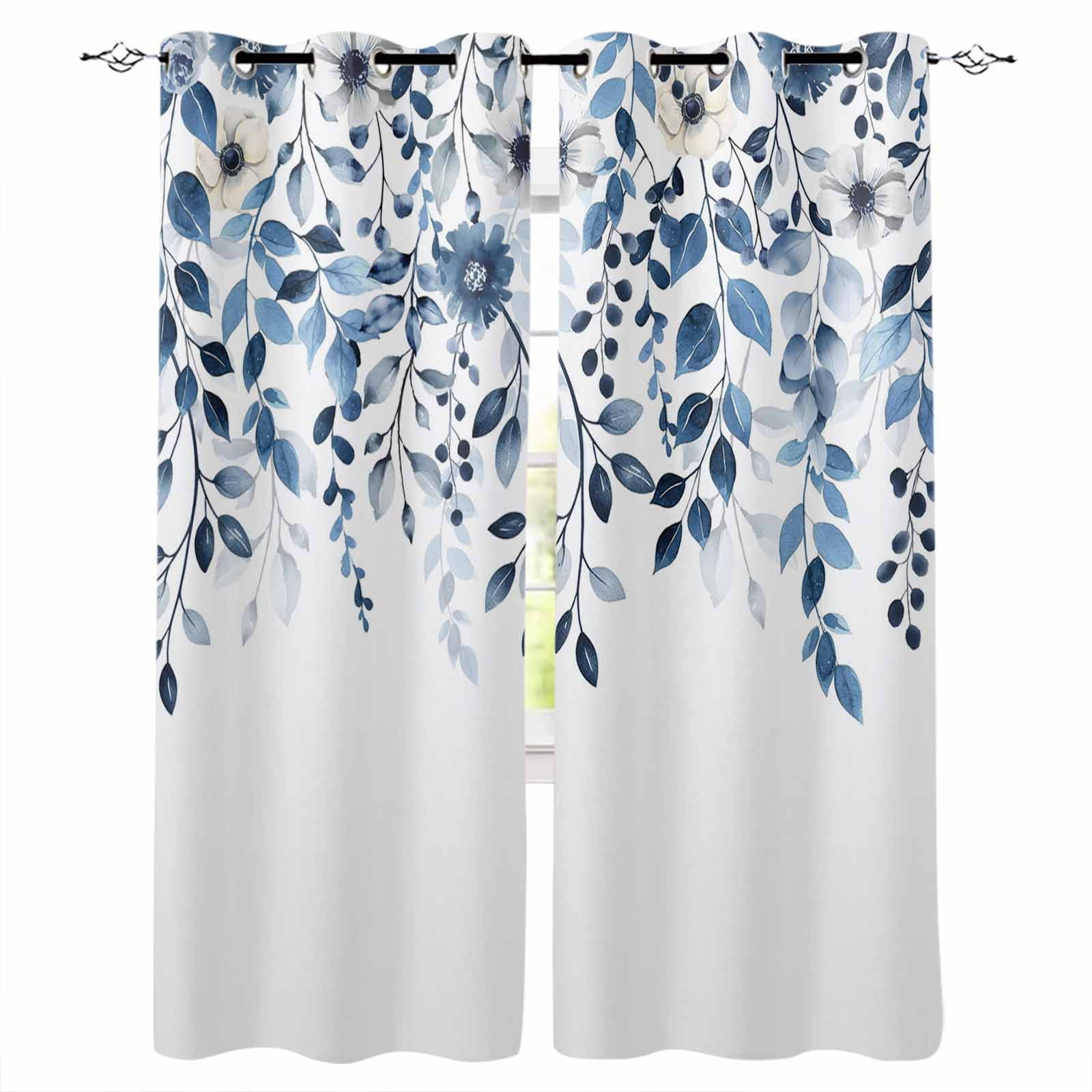 Blue Eucalyptus Leaves Blackout Curtains 45 Inches Long, Fall Botanical ...