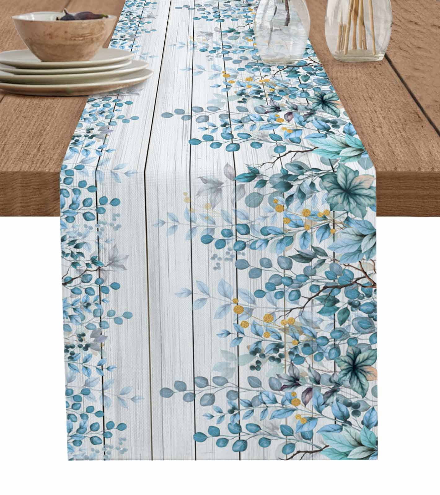 Blue Eucalyptus Leaves Burlap Cotton Table Runner 13x36 Inches Short ...