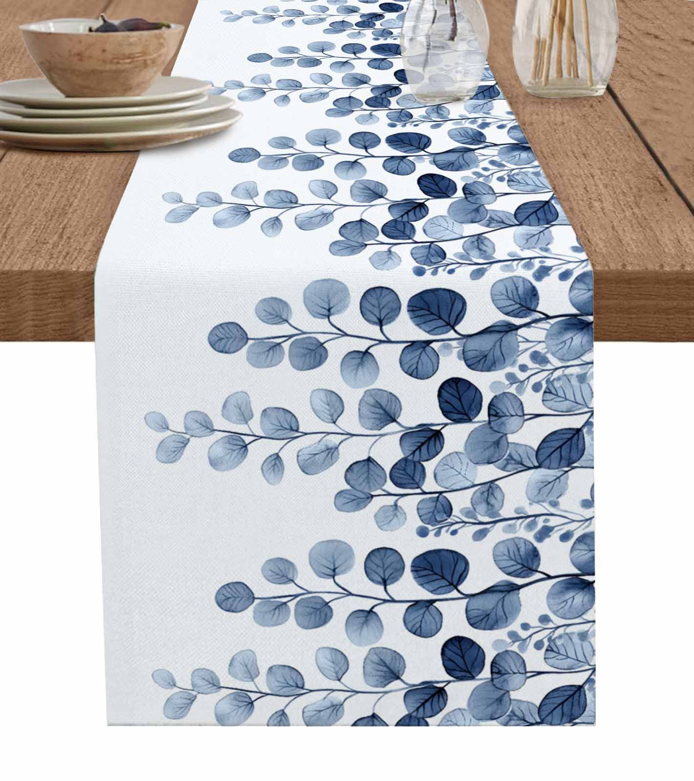 Blue Eucalyptus Leaves Burlap Cotton Table Runner 13x60 Inches Long ...
