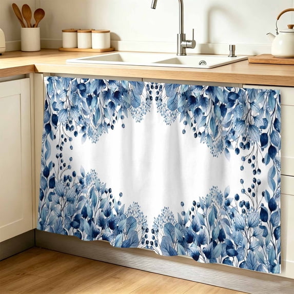 Blue Eucalyptus Leaves Cabinet Curtain 28"W x 51"L, Farmhouse Botanical ...