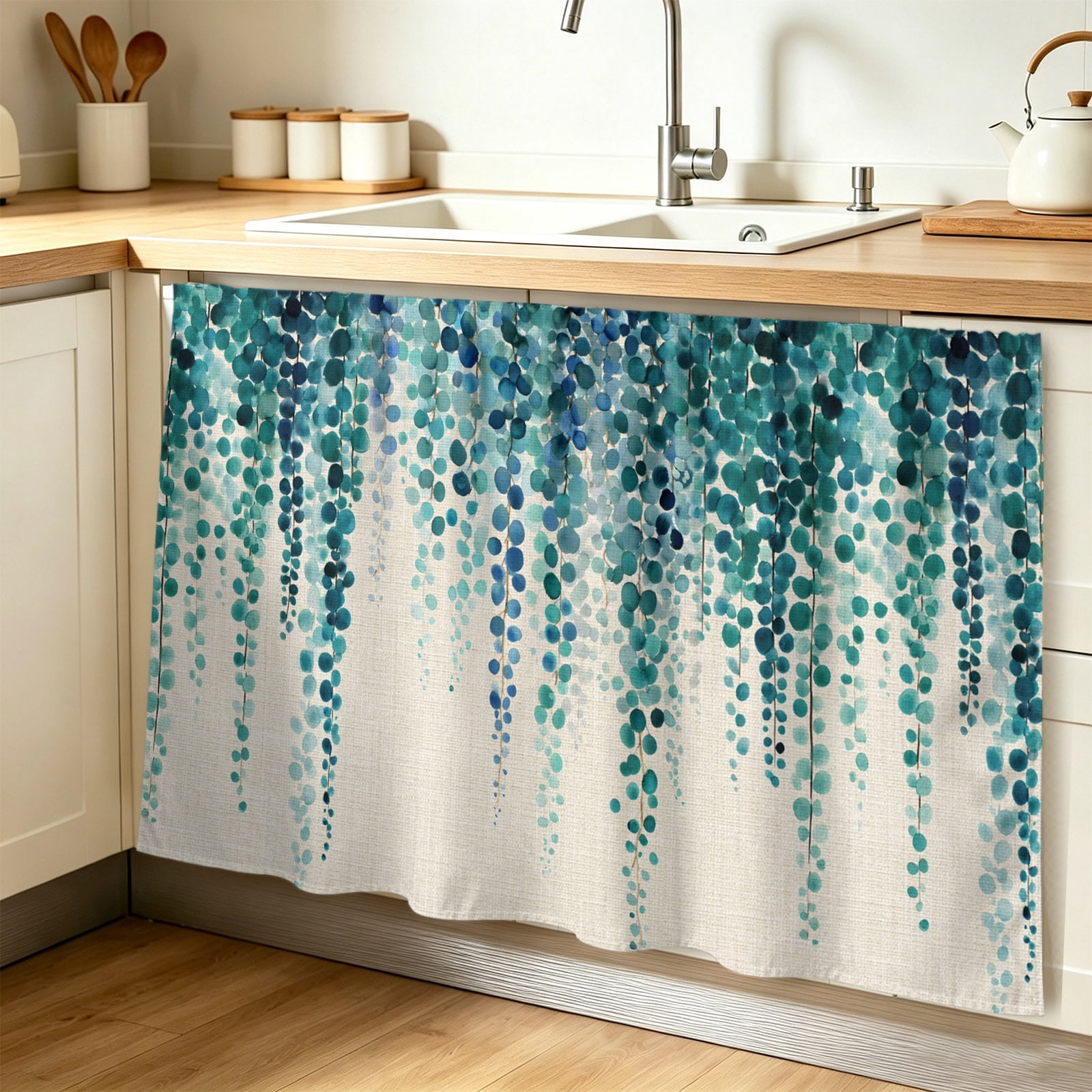 Blue Eucalyptus Leaves Cabinet Curtain, Summer Watercolor Plants Linen ...