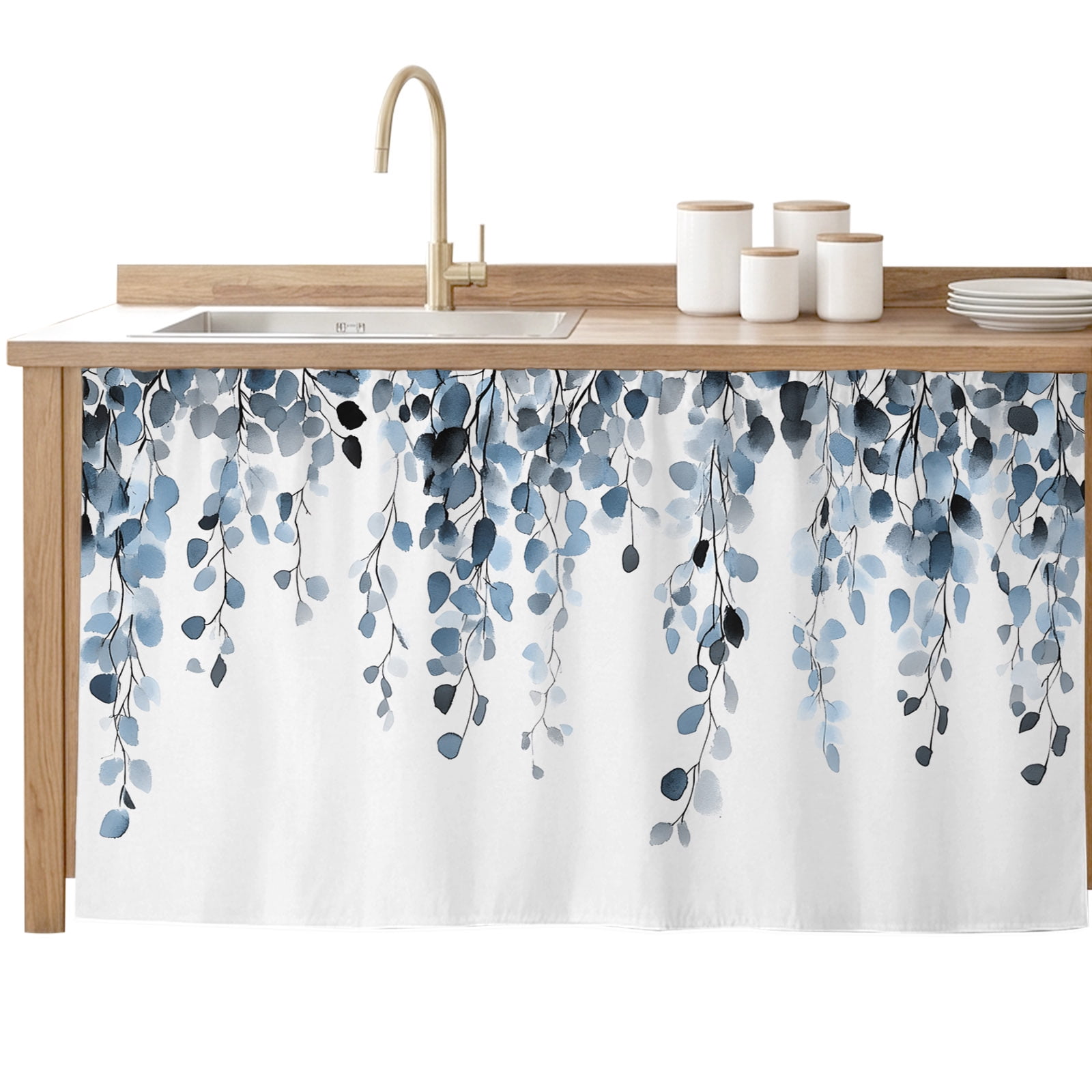 Blue Eucalyptus Leaves Cabinet Curtains 32"W x 55"L,Dustproof Sink ...