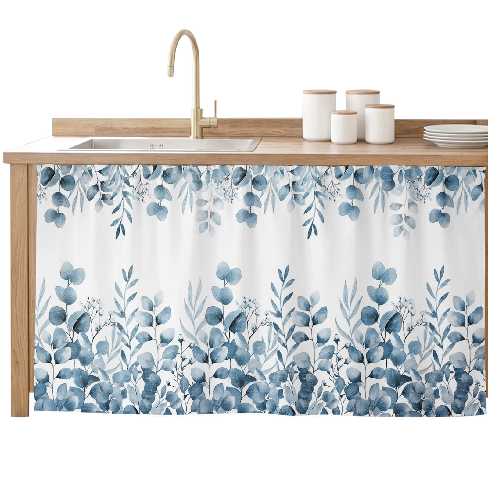 Blue Eucalyptus Leaves Cabinet Curtains 32"W x 55"L,Dustproof Sink ...