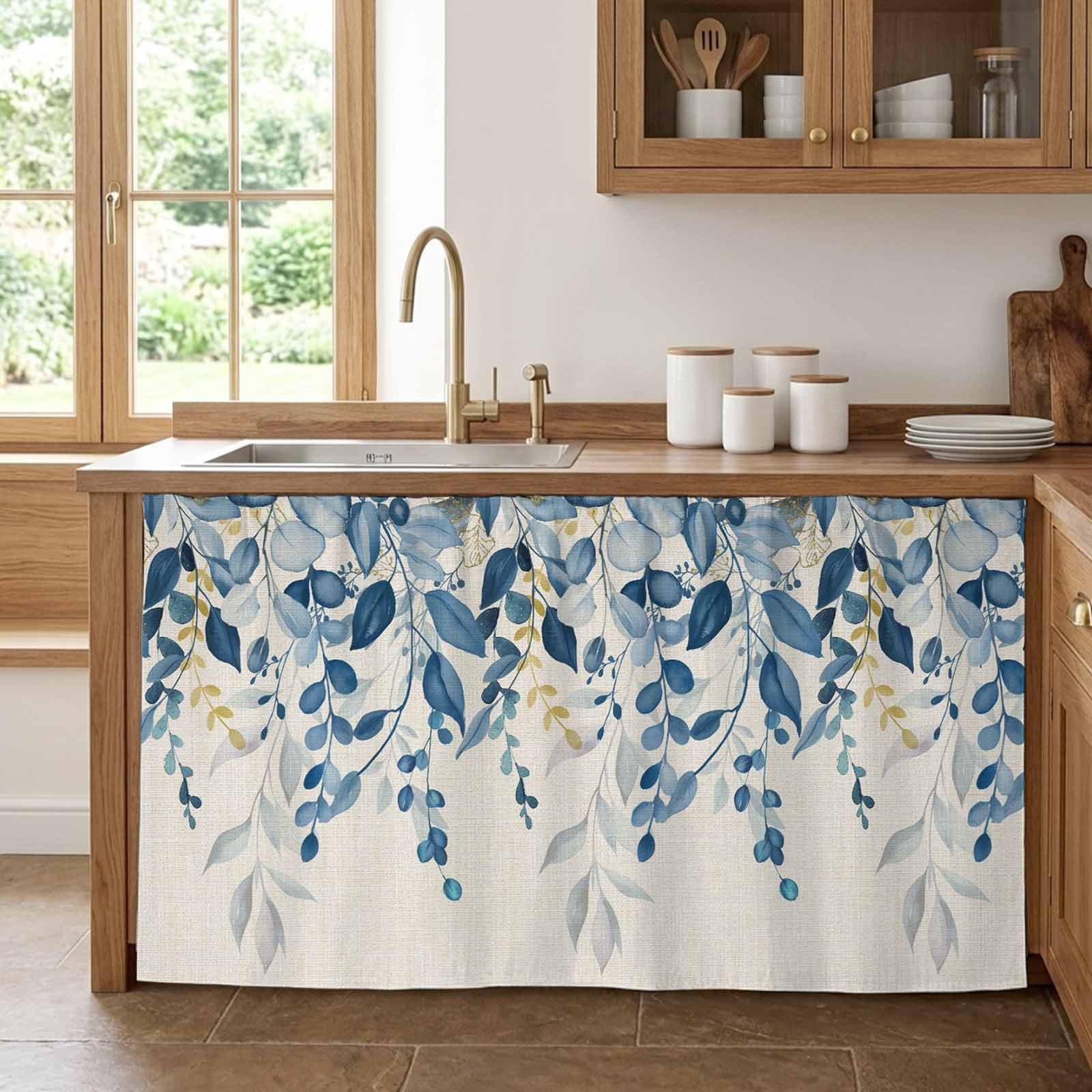 Blue Eucalyptus Leaves Cabinet Curtains 32" W x 55" L Vintage Farm ...