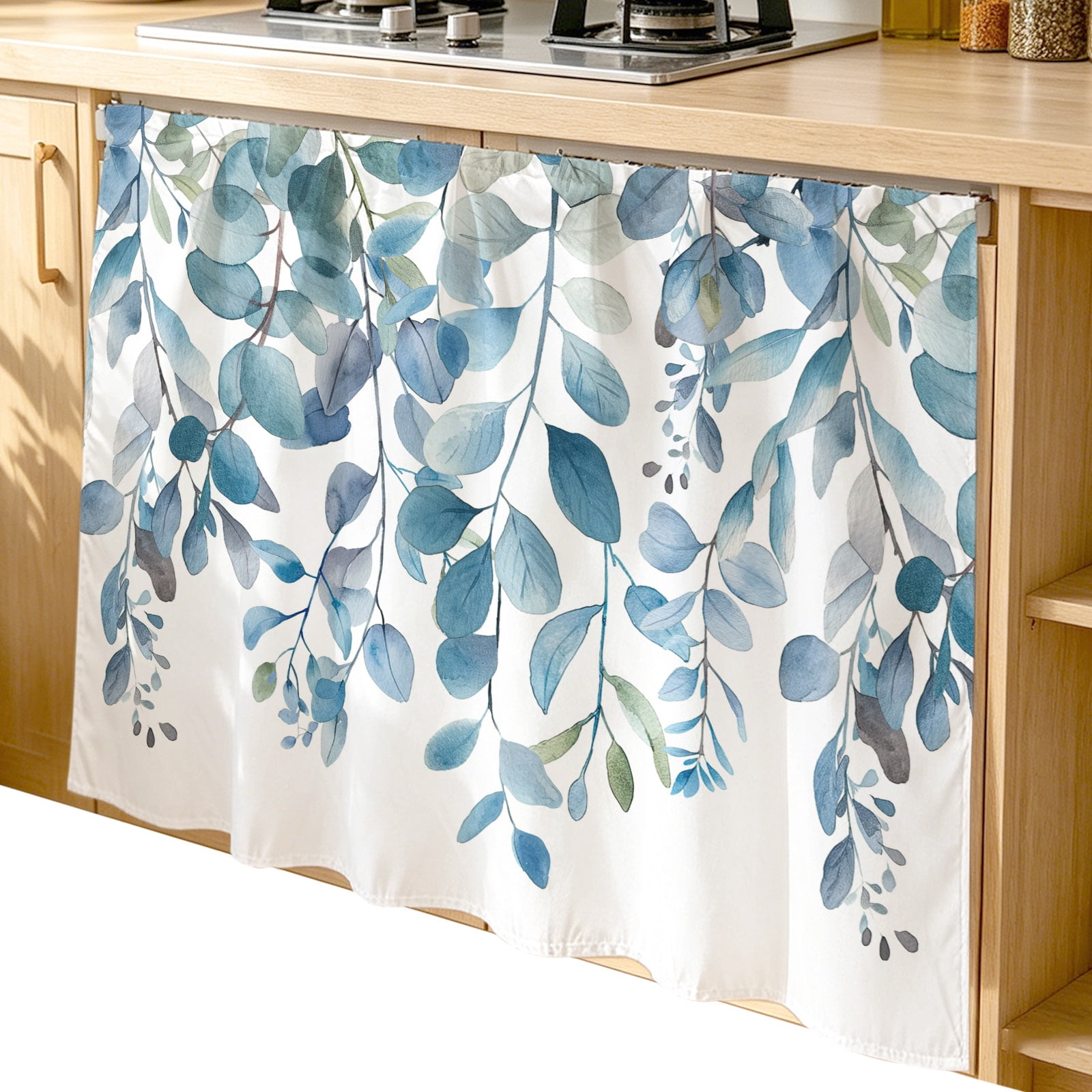 Blue Eucalyptus Leaves Cabinet Curtains 35"W x 35"L,Dustproof Sink ...
