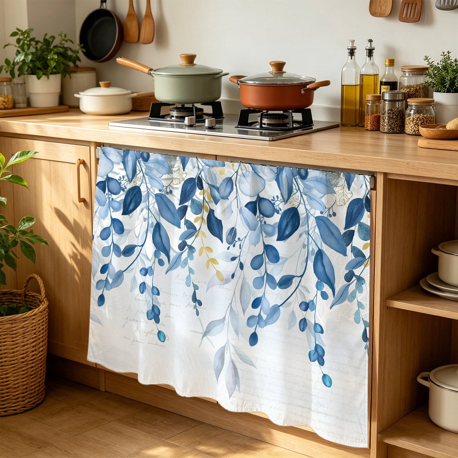 Blue Eucalyptus Leaves Cabinet Curtains 35" W x 35" L Farm Plants Paper ...
