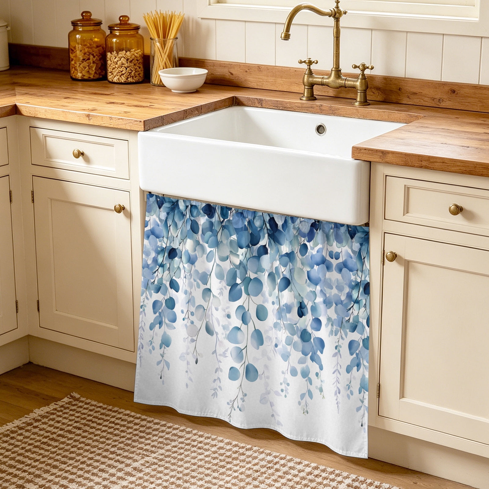 Blue Eucalyptus Leaves Cabinet Curtains 35"W x 35"L, Summer Botanical ...