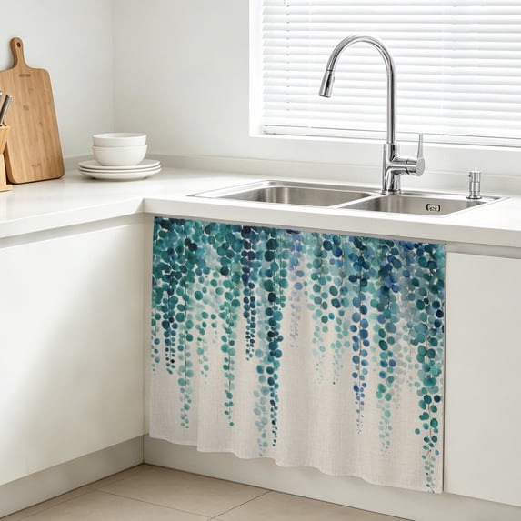 Blue Eucalyptus Leaves Cabinet Curtains for Kitchen 28"W x 35"L, Summer ...