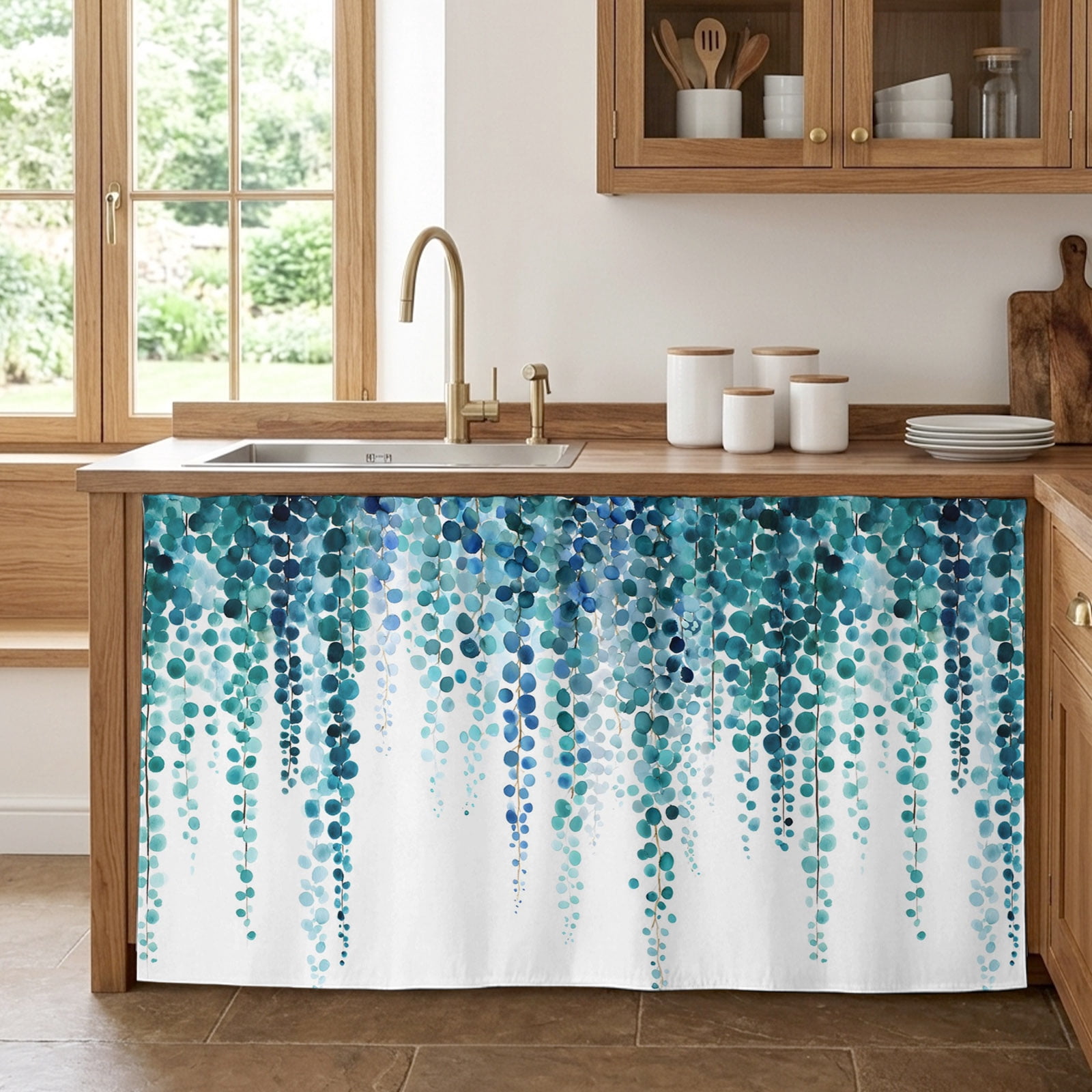 Blue Eucalyptus Leaves Cabinet Curtains for Kitchen 28"W x 51"L, Summer ...