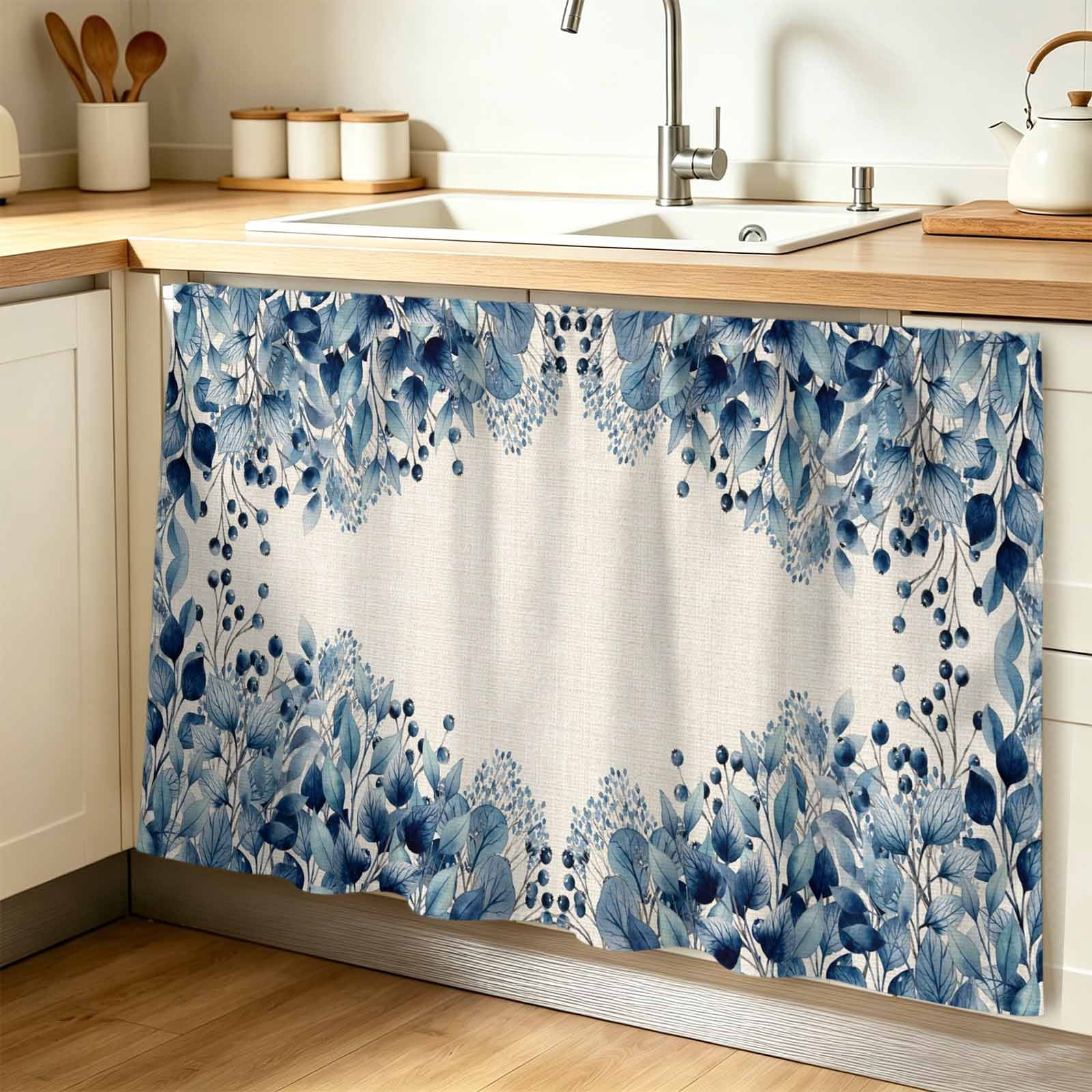 Blue Eucalyptus Leaves Cabinet Curtains for Shelves, Retro Country ...