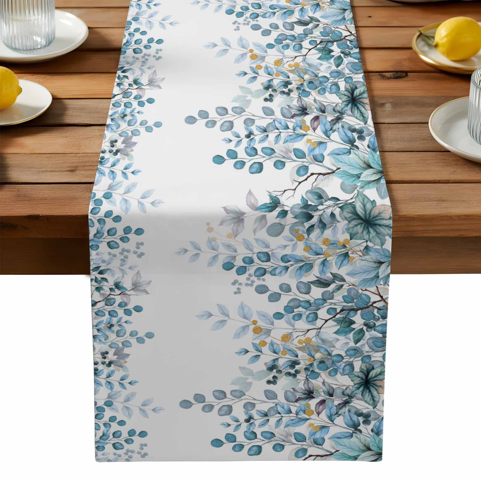 Blue Eucalyptus Leaves Cotton Linen Table Runner for Dining Kitchen ...