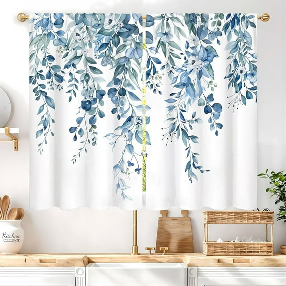 Blue Eucalyptus Leaves Kitchen Curtains Floral Botanical Farmhouse ...