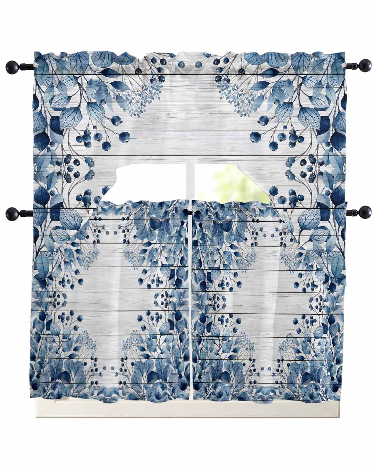 Blue Eucalyptus Leaves Kitchen Curtains Set for Windows 3 Piece Cafe ...