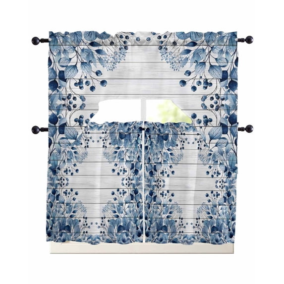 Blue Eucalyptus Leaves Kitchen Curtains Set for Windows 3 Piece Cafe ...