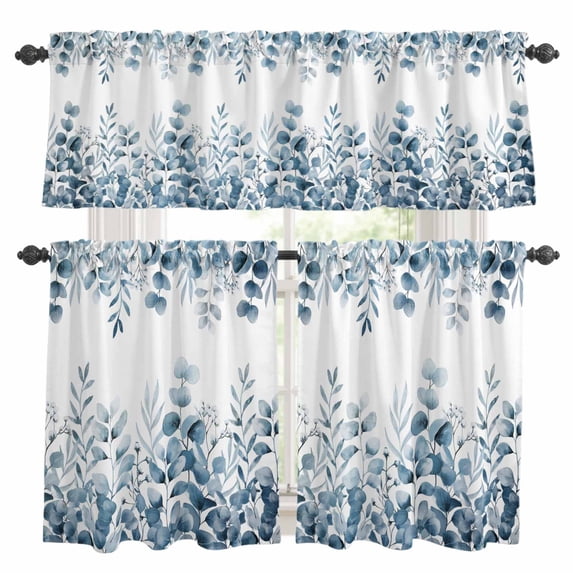 Blue Eucalyptus Leaves Kitchen Curtains Set for Windows, Summer Plants ...