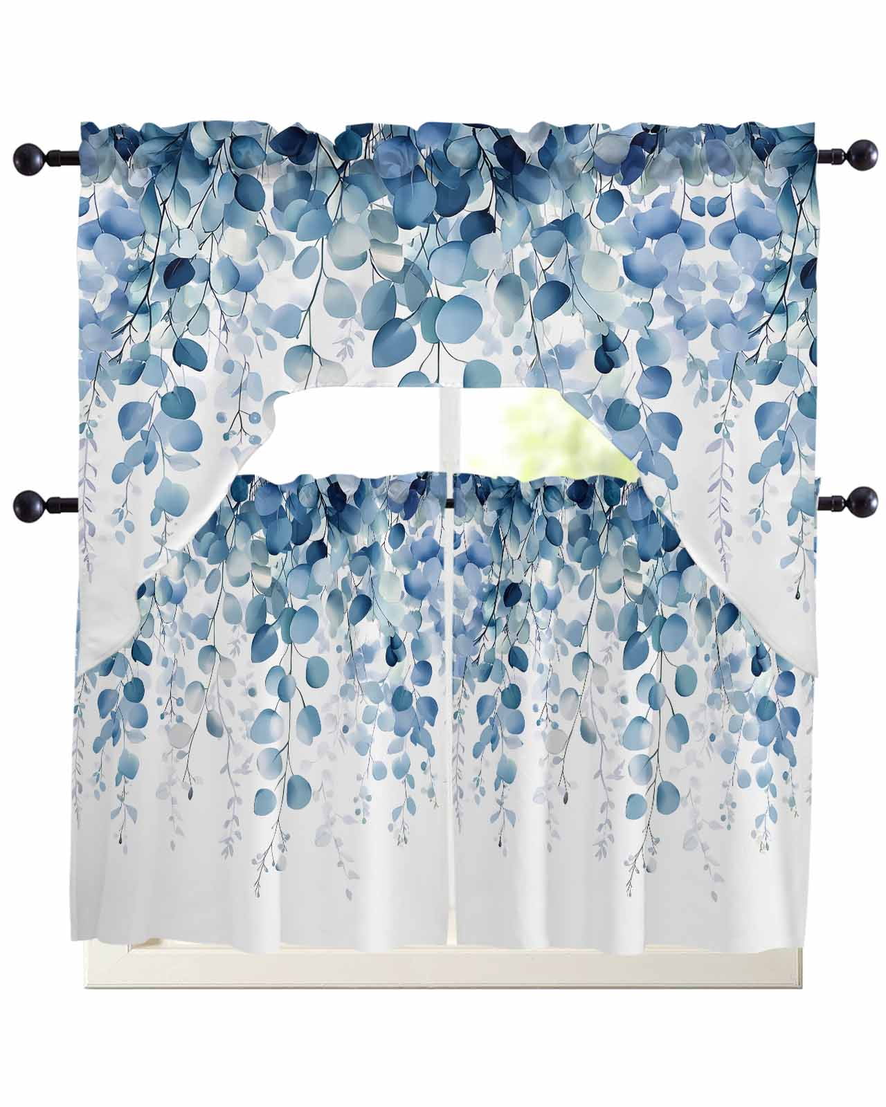 Blue Eucalyptus Leaves Kitchen Curtains Swag Valance and Tier Curtains Set 24 Inch Length ...