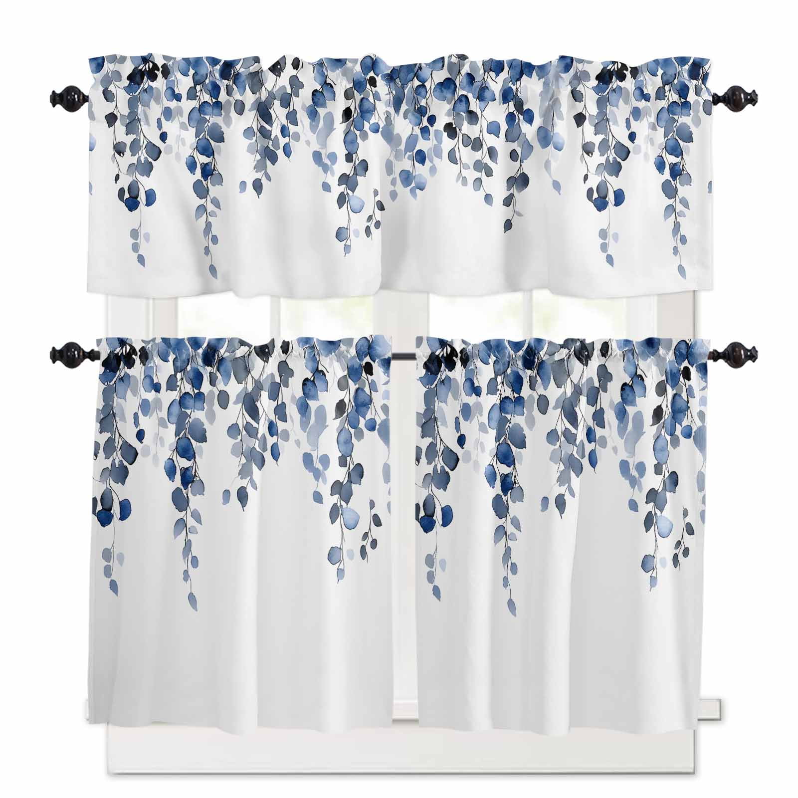 Blue Eucalyptus Leaves Kitchen Curtains Valance and Tier Set Rustic ...