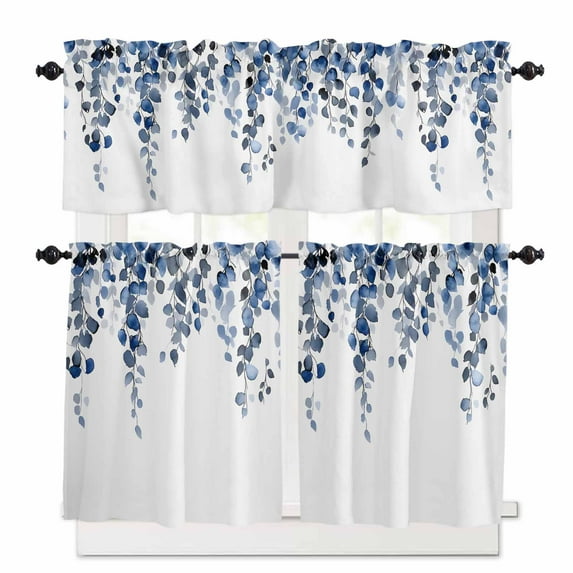 Blue Eucalyptus Leaves Kitchen Curtains Valance and Tier Set Rustic ...